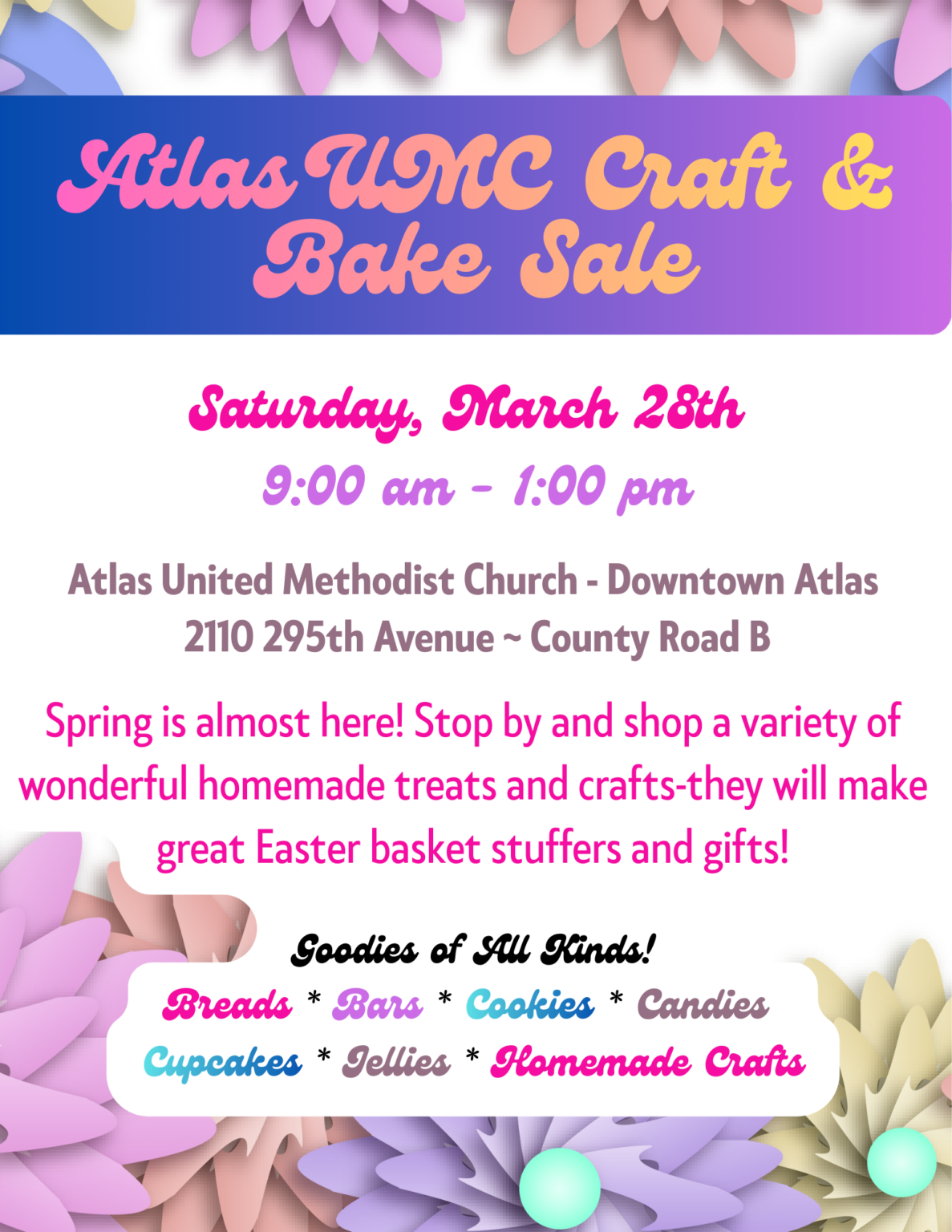 Atlas UMC Craft & Bake Sale March 28th 9am-1pm – Upper St. Croix Parish